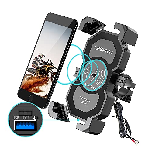 Upgraded Leepiya Motorcycle Phone Mount with Wireless and USB Charger 15W Qi Fast Charging Cell Phone Holder for Motorcycle ATV Boat Snowmobile Compatible with iPhone 12 11 Xs MAX XR X 8 8P Samsung