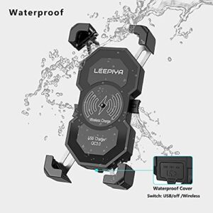 Upgraded Leepiya Motorcycle Phone Mount with Wireless and USB Charger 15W Qi Fast Charging Cell Phone Holder for Motorcycle ATV Boat Snowmobile Compatible with iPhone 12 11 Xs MAX XR X 8 8P Samsung