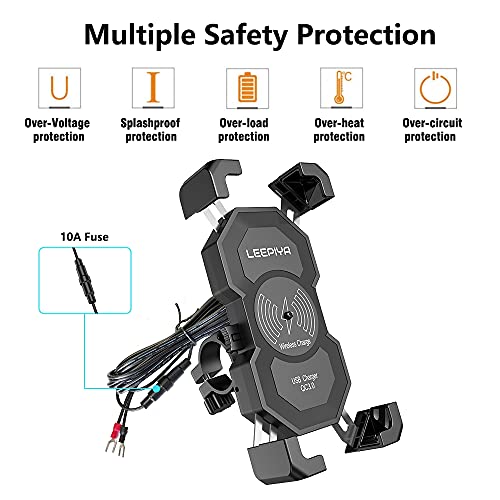 Upgraded Leepiya Motorcycle Phone Mount with Wireless and USB Charger 15W Qi Fast Charging Cell Phone Holder for Motorcycle ATV Boat Snowmobile Compatible with iPhone 12 11 Xs MAX XR X 8 8P Samsung