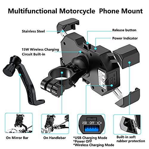 Upgraded Leepiya Motorcycle Phone Mount with Wireless and USB Charger 15W Qi Fast Charging Cell Phone Holder for Motorcycle ATV Boat Snowmobile Compatible with iPhone 12 11 Xs MAX XR X 8 8P Samsung