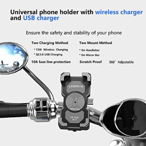 Upgraded Leepiya Motorcycle Phone Mount with Wireless and USB Charger 15W Qi Fast Charging Cell Phone Holder for Motorcycle ATV Boat Snowmobile Compatible with iPhone 12 11 Xs MAX XR X 8 8P Samsung