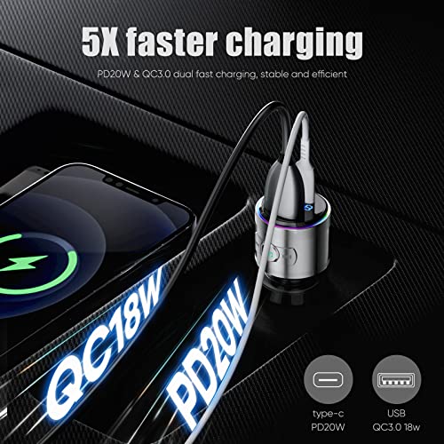 LENCENT Bluetooth 5.3 FM Transmitter,Full Metal Bluetooth car Adapter with PD 20W & QC3.0 Fast Charger,Hi-Fi Music/Clear Calling car FM Bluetooth Adapter,【Color Light】