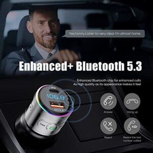 LENCENT Bluetooth 5.3 FM Transmitter,Full Metal Bluetooth car Adapter with PD 20W & QC3.0 Fast Charger,Hi-Fi Music/Clear Calling car FM Bluetooth Adapter,【Color Light】