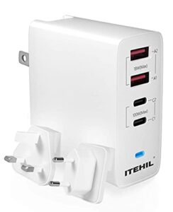 usb c wall charger, itehil 100w 4-port fast pd charger, portable type c charger with foldable plug for iphone 12/12 pro max/airpods max/ipad/macbook/samsung and more (cable not included)