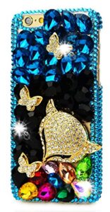 stenes ipod touch (6th generation) case – luxurious crystal 3d handmade sparkle diamond rhinestone clear cover with retro bowknot anti dust plug – butterfly fox rainbow rhinestone/blue&black