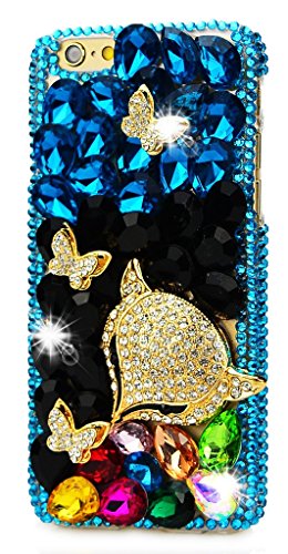 STENES iPod Touch (6th Generation) Case - Luxurious Crystal 3D Handmade Sparkle Diamond Rhinestone Clear Cover With Retro Bowknot Anti Dust Plug - Butterfly Fox Rainbow Rhinestone/Blue&Black