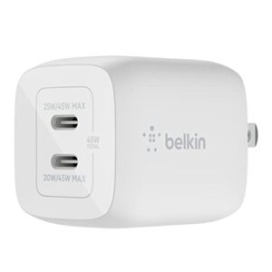 belkin 45w dual usb-c wall charger, fast charging power delivery 3.0 with gan technology for iphone 14, 13, pro, pro max, mini, ipad pro 12.9, macbook, galaxy s23, s23+, ultra, tablet, more – white