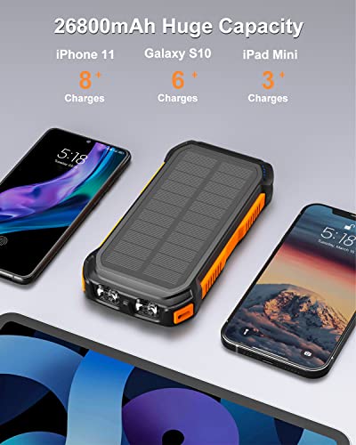 Solar Charger 26800mAh Power Bank: Hiluckey 3A USB C Fast Charging Portable Phone Charger Camping External Battery Pack with 3 Outputs for iPhone Samsung Tablet