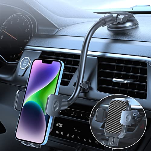 Cell Phone Holder for Car, Car Phone Holder Mount Long Arm for Truck Car Dashboard Windshield Air Vent Sturdy Phone Holder Strong Suction Anti-Shake Stabilizer for iPhone 14 13 12 Pro Max ,Samsung S21