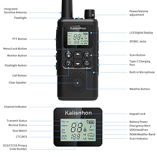 walkie talkies,NOAA walkie talkies for Adults Long Range with Earpiece,Weather Alerts Handfree walkie Talkie Rechargeable with Type-c Charging, Dual Watch,License Free Portable Two Way radios(2 Pack)