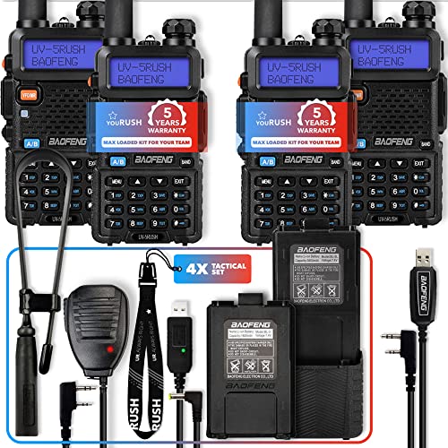 youRUSH Ham Radio Tactical Set - 4pack UV-5RUSH 8W 2Way Radio with 3800mAh and 2800mAh Batteries, Foldable Tactical Antenna, PTT Speaker Mic, USB Charger, Chirp Program Cable Compatible with Baofeng