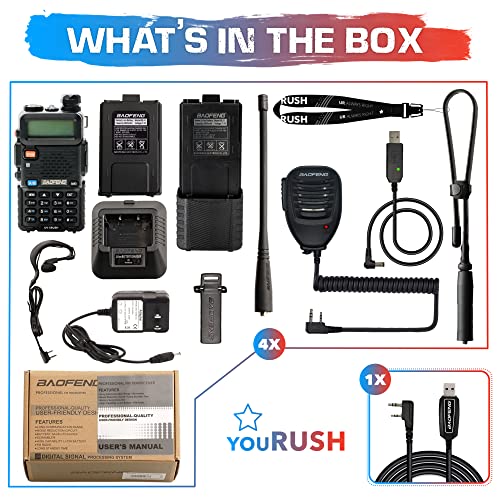 youRUSH Ham Radio Tactical Set - 4pack UV-5RUSH 8W 2Way Radio with 3800mAh and 2800mAh Batteries, Foldable Tactical Antenna, PTT Speaker Mic, USB Charger, Chirp Program Cable Compatible with Baofeng