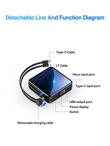 POWMYMTO 20000mAh Power Bank Portable Charger Battery Pack,Output 2A Charging with Built-in 2 USB-C Removable Charging Cables Led Display for iPhone 14 13 12 11 Pro,Samsung S21 LG and More