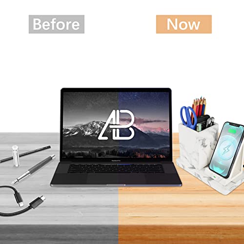 Wireless Charger with Desk Organizer, Wireless Charging Station for iPhone 14/14 Pro/13/12/11/Samsung Galaxy S23/S22/S21/S20/Note 20/Note 10, Wireless Charging Stand with Leather, Marble