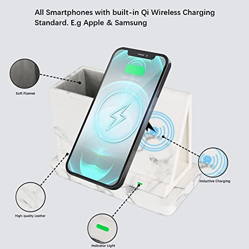 Wireless Charger with Desk Organizer, Wireless Charging Station for iPhone 14/14 Pro/13/12/11/Samsung Galaxy S23/S22/S21/S20/Note 20/Note 10, Wireless Charging Stand with Leather, Marble