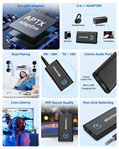 BlitzMax Bluetooth 5.2 Transmitter Receiver, 2-in-1 Bluetooth Adapter Mini Portable with 3.5mm Jack, aptx-Adaptive, Dual Link Bluetooth Audio Adapter for PC/TV/Car Sound System/Wired Speaker