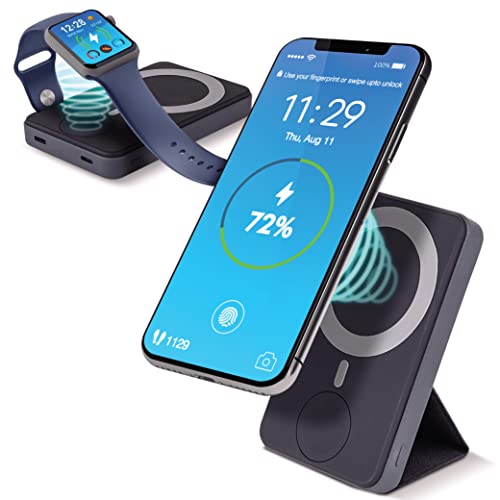 VIBORO Magnetic Wireless Power Bank with Apple Watch Charger - Wireless Charger for iPhone 14/13/12 & for iWatch 4/5/67/8/ Foldable 5000mAh Battery Pack with USB-C Cable - Magnet Ring for Qi iPhone