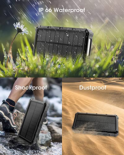 Solar Power Bank 36000mAh, Qi Wireless Charger, DJROLL Solar Charger with Dual USB 15W Output, IP66 Waterproof Powerbank, Flashlights Cell Phone Charger for Camping Outdoor (Black)