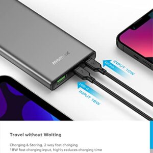 MOMAX Portable Charger, 10000mAh 20W PD Aluminum Ultra Slim Power Bank 3A High-Speed Thin Phone Charger with 2 Input & 2 Output Compatible with iPhone, Samsung Galaxy, MacBook, Pixel & More (Grey)