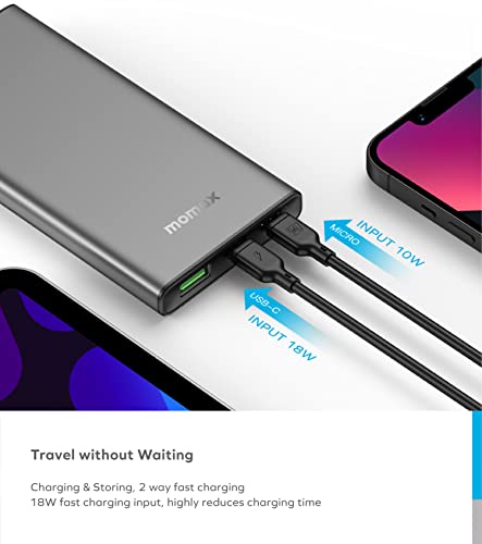 MOMAX Portable Charger, 10000mAh 20W PD Aluminum Ultra Slim Power Bank 3A High-Speed Thin Phone Charger with 2 Input & 2 Output Compatible with iPhone, Samsung Galaxy, MacBook, Pixel & More (Grey)