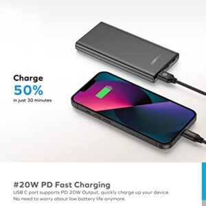 MOMAX Portable Charger, 10000mAh 20W PD Aluminum Ultra Slim Power Bank 3A High-Speed Thin Phone Charger with 2 Input & 2 Output Compatible with iPhone, Samsung Galaxy, MacBook, Pixel & More (Grey)