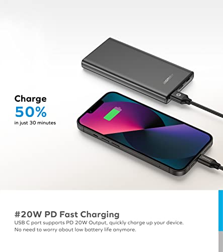 MOMAX Portable Charger, 10000mAh 20W PD Aluminum Ultra Slim Power Bank 3A High-Speed Thin Phone Charger with 2 Input & 2 Output Compatible with iPhone, Samsung Galaxy, MacBook, Pixel & More (Grey)