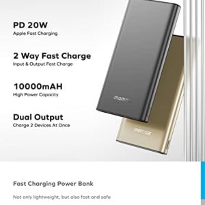 MOMAX Portable Charger, 10000mAh 20W PD Aluminum Ultra Slim Power Bank 3A High-Speed Thin Phone Charger with 2 Input & 2 Output Compatible with iPhone, Samsung Galaxy, MacBook, Pixel & More (Grey)