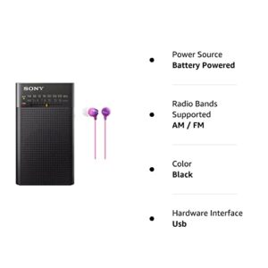 Sony ICFP26 Portable AM/FM Radio (Black) and Color in-Ear Earbud Headphones (Color May Vary) Bundle (2 Items)