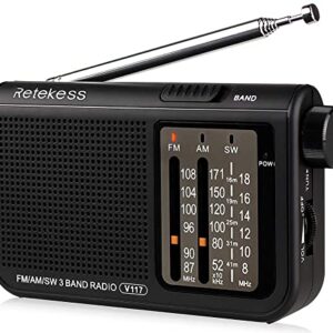 Retekess V117 Portable Radio AM FM, Shortwave Radio with Clear Dial, Transistor Radio with Best Reception for Seniors (Black)