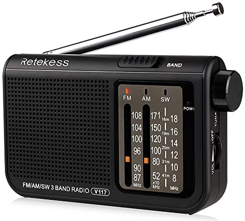 Retekess V117 Portable Radio AM FM, Shortwave Radio with Clear Dial, Transistor Radio with Best Reception for Seniors (Black)