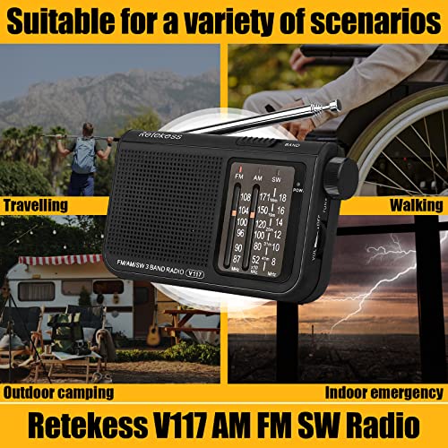 Retekess V117 Portable Radio AM FM, Shortwave Radio with Clear Dial, Transistor Radio with Best Reception for Seniors (Black)