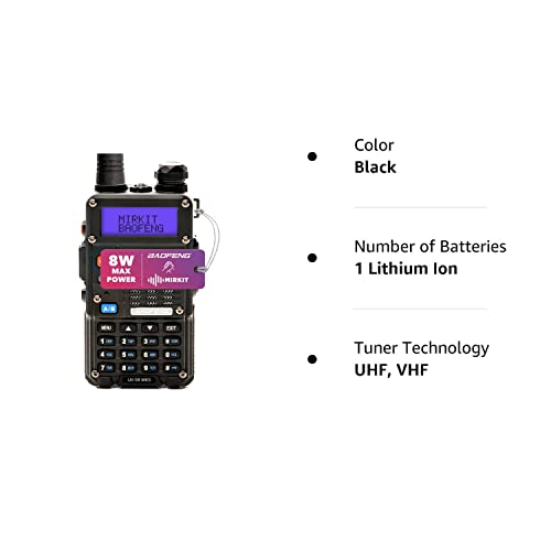 BAOFENG UV-5R MK5 (3rd Gen of UV-5R) 8 Watt Max Power. Mirkit Edition Full Kit Ham Radio with Baofeng Battery 1800 mAh & Lanyard & Mirkit Channel-List & USA Warranty