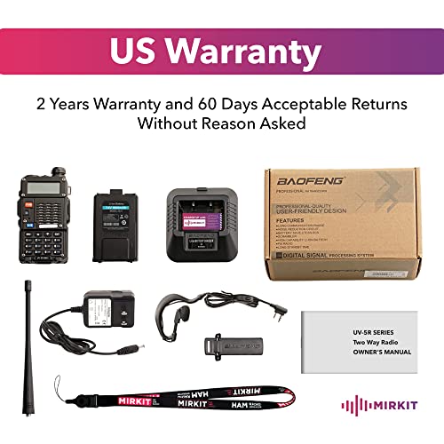 BAOFENG UV-5R MK5 (3rd Gen of UV-5R) 8 Watt Max Power. Mirkit Edition Full Kit Ham Radio with Baofeng Battery 1800 mAh & Lanyard & Mirkit Channel-List & USA Warranty