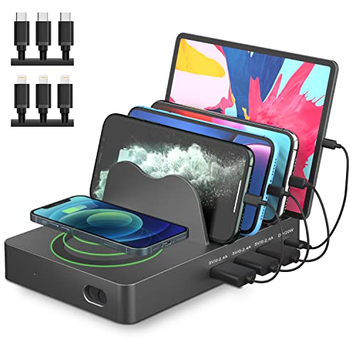 Wireless Charging Station for Multiple Devices, 5 in 1 Fast Qi Charging Dock Station with 10W Max Wireless Charger and 4 USB Ports,Quick Charger PD 3.0 20W for iPhone/iPad/Samsung/Android (Black)