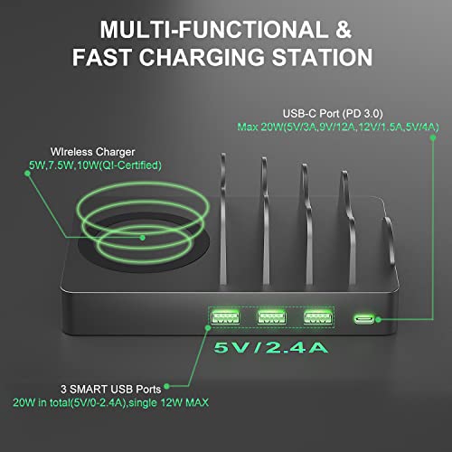 Wireless Charging Station for Multiple Devices, 5 in 1 Fast Qi Charging Dock Station with 10W Max Wireless Charger and 4 USB Ports,Quick Charger PD 3.0 20W for iPhone/iPad/Samsung/Android (Black)