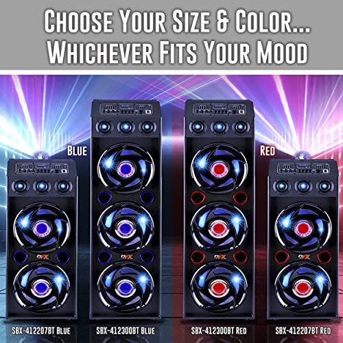 QFX SBX-412207BT Bluetooth Cabinet Floor Speaker | TWS Dual 12" Woofers, 3X 1 Tweeters | with Built-in Amplifier, LED Party Lights, Handles and Wheels | Blue