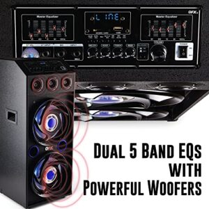 QFX SBX-412207BT Bluetooth Cabinet Floor Speaker | TWS Dual 12" Woofers, 3X 1 Tweeters | with Built-in Amplifier, LED Party Lights, Handles and Wheels | Blue