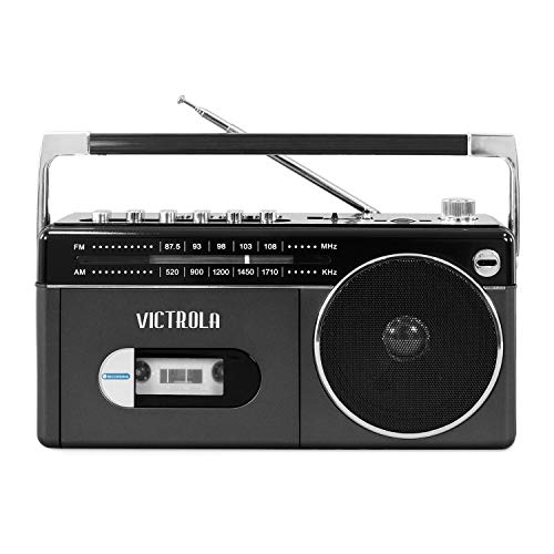 Victrola Mini Bluetooth Boombox with Cassette Player, Recorder and Am/FM Radio, Grey