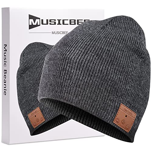 beanie MUSICBEE Bluetooth V5.2 Wireless Knit Winter Cap, 24 Hour Play time, Built-in Microphone and HD Stereo Speakers, Wool Lined for Outdoor Homes and Gifts - Neutral (Charcoal)