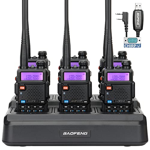 6Pack BAOFENG UV-5R Ham Radio Long Range Walkie Talkie FCC ID Handheld Two Way Radio with 6 Way Multi Gang Charger，Programming Cable