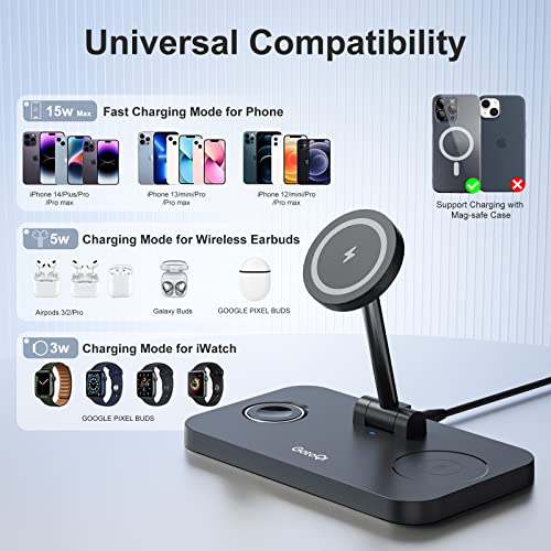 Mag Safe Charger Stand - Foldable 4 in 1 Magnetic Wireless Charging Station, Mag-Safe Travel Charger with 36W Adapter, Fast Charging Dock for Apple iPhone 14 13 12 Pro Max Mini Plus, iWatch, AirPods