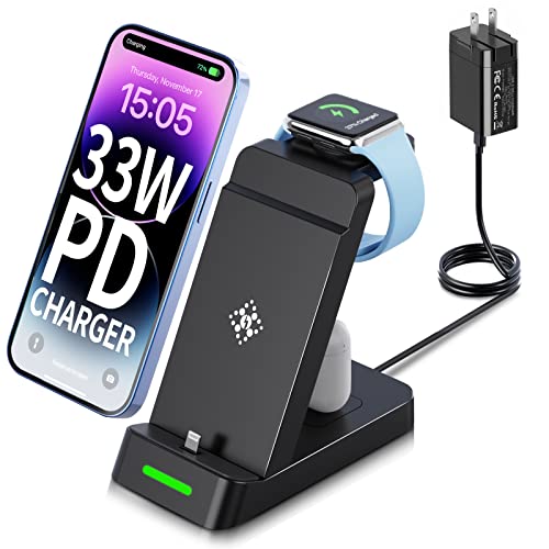 Charging Station for Multiple Devices Apple - 33W PD Fast Charger for iPhone, TYCRALI 3 in 1 Charging Station for Apple Products Designed for iPhone Apple Watch and AirPods