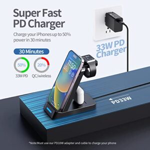 Charging Station for Multiple Devices Apple - 33W PD Fast Charger for iPhone, TYCRALI 3 in 1 Charging Station for Apple Products Designed for iPhone Apple Watch and AirPods