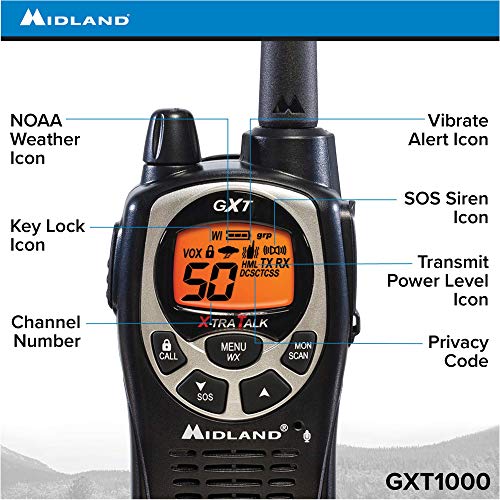 Midland GXT1000 GMRS Walkie Talkie - Long Range Two Way Radio with NOAA Weather Scan + Alert, 50 Channels, and 142 Privacy Codes (Black/Silver, 12 Radios)