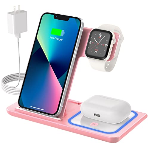 3 in 1 Charging Station for Apple Products, Fast Charging Wireless Charger for iPhone 14/13/12/11/Pro/XS/XR/X/SE/8/8 Plus, Charging Dock for Apple Watch 8/7/6/5/4/3/2/AirPods(with Adapter)