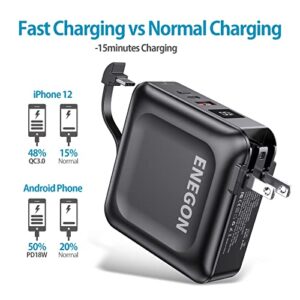 ENEGON 15000mAh Portable Phone Charger, Small Fast Charging Power Bank with Built-in AC Wall Plug and Cable, 3 Outputs & Dual Inputs, USB-C PD&QC 3.0 External Battery Pack for iPhone & Android