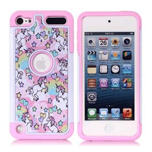 apple ipod touch 5,6th case, ipod 7th generation case, rainbow unicorn pattern shockproof studded rhinestone crystal bling hybrid case silicone protective armor for apple ipod touch 5 6th generation