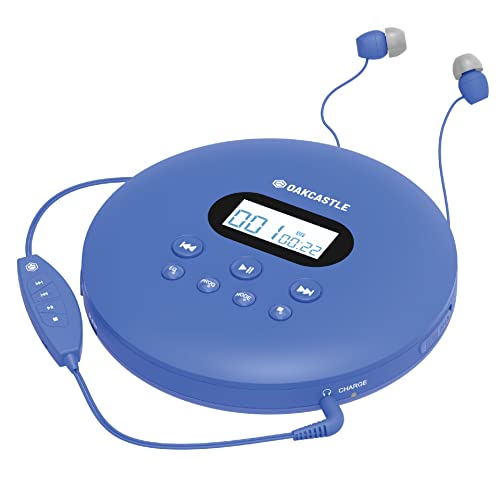 Oakcastle CD100 Portable Bluetooth CD Player | 12hr Portable Playtime | in Car Compatible Personal CD Player | Headphones Included, AUX Output, Anti-Skip Protection, Rechargeable, CD Walkman in Blue