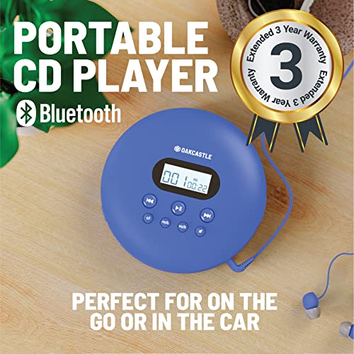 Oakcastle CD100 Portable Bluetooth CD Player | 12hr Portable Playtime | in Car Compatible Personal CD Player | Headphones Included, AUX Output, Anti-Skip Protection, Rechargeable, CD Walkman in Blue