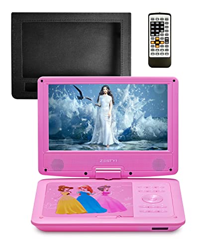 SYNAGY 11" Portable DVD Player for Kids with 9.5 inch HD Swivel Screen, Car Headrest Mount Holder, Rechargeable Battery, Car Charger, Wall Charger, SD Card Slot, USB Port (Pink)